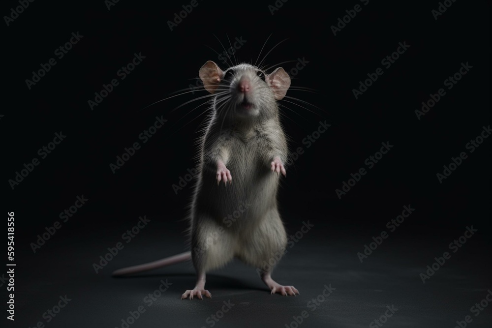 A rat standing on hind legs, front paws on the ground, facing camera ...