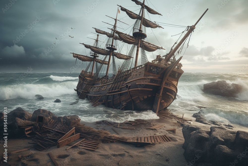 Illustration of a pirate ship wrecking on the beach in a storm ...