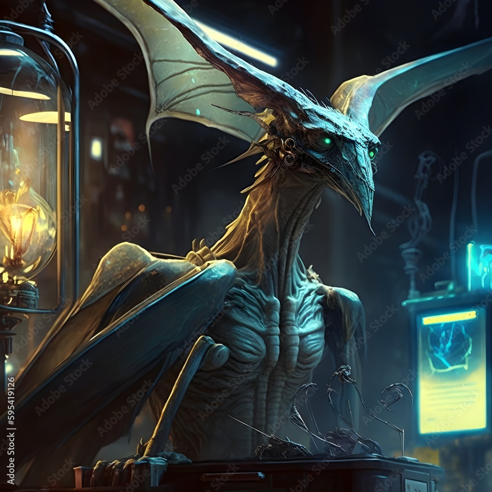 star wars style alien brilliant scientist half pteradactyl floating AR ...