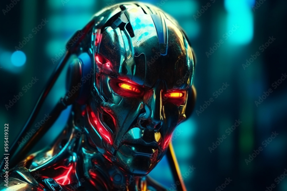 humanoid android robot with artificial intelligence, evil bad eyes ...