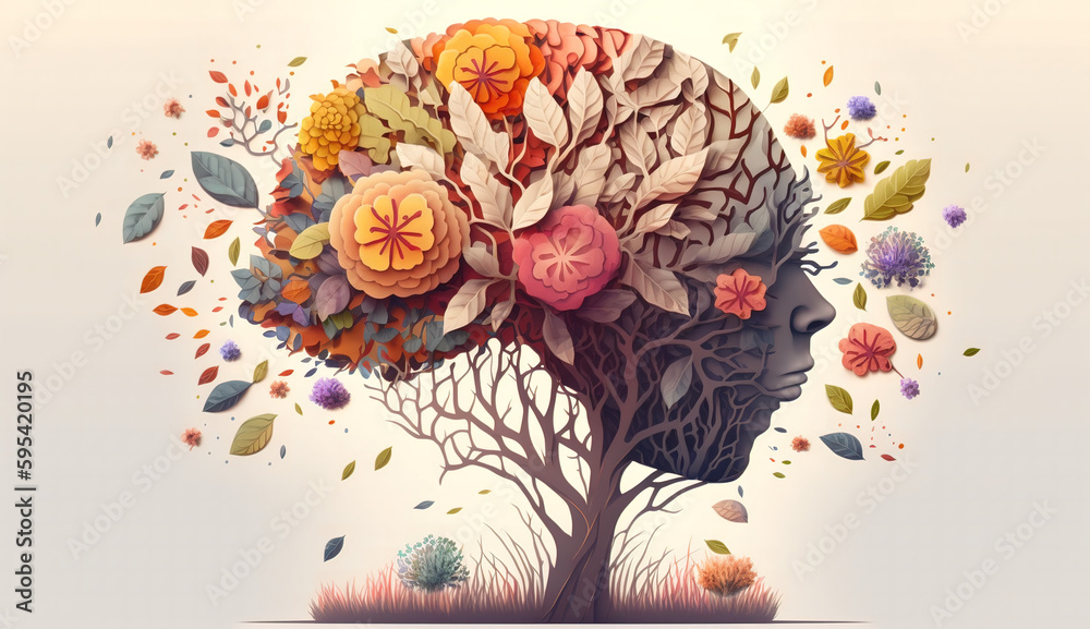 Human brain tree with flowers mental health, self care concept ...