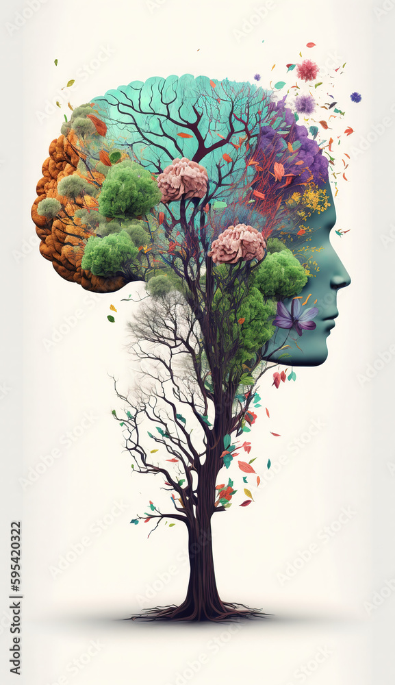 Human brain tree with flowers mental health, self care concept ...