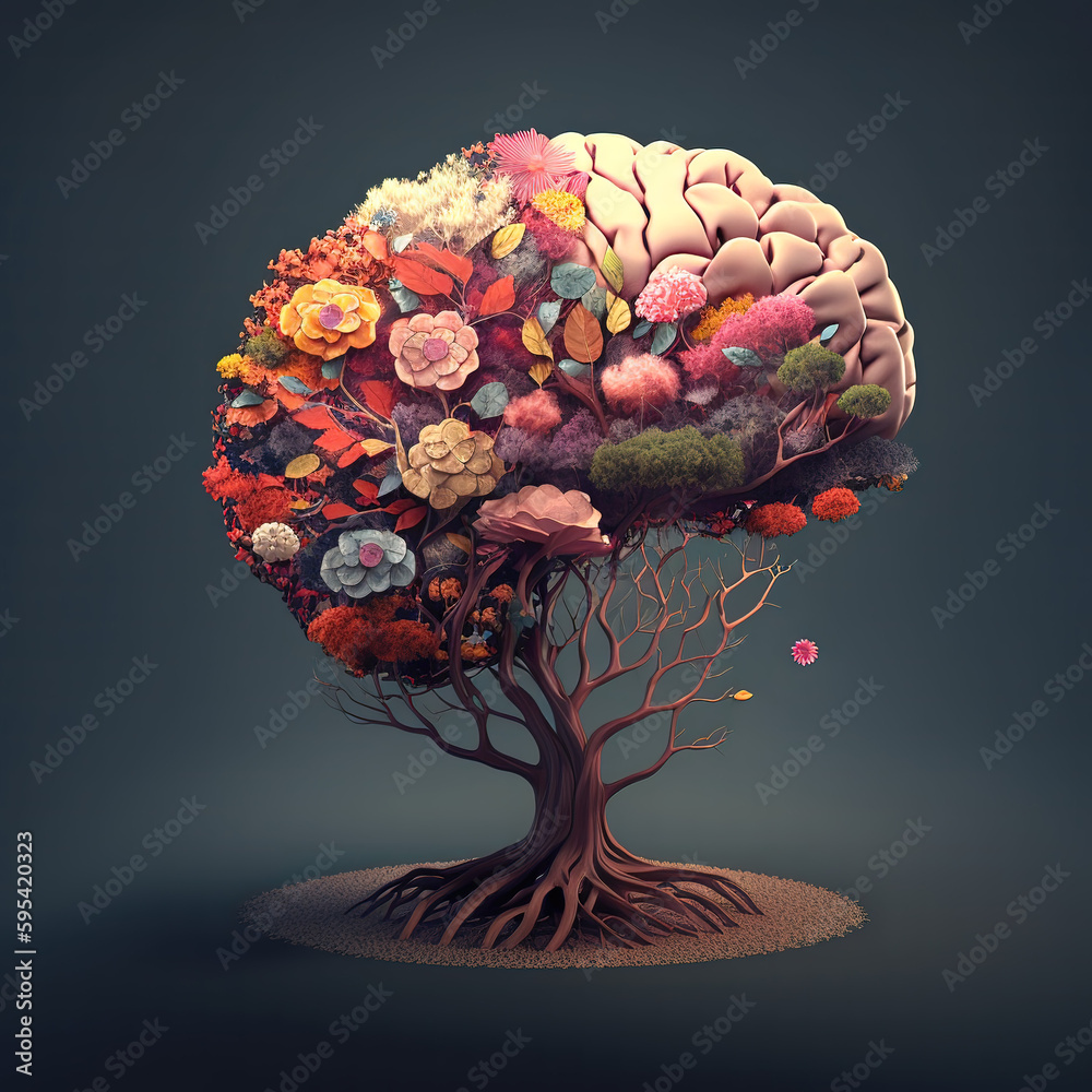 Human brain tree with flowers mental health, self care concept ...