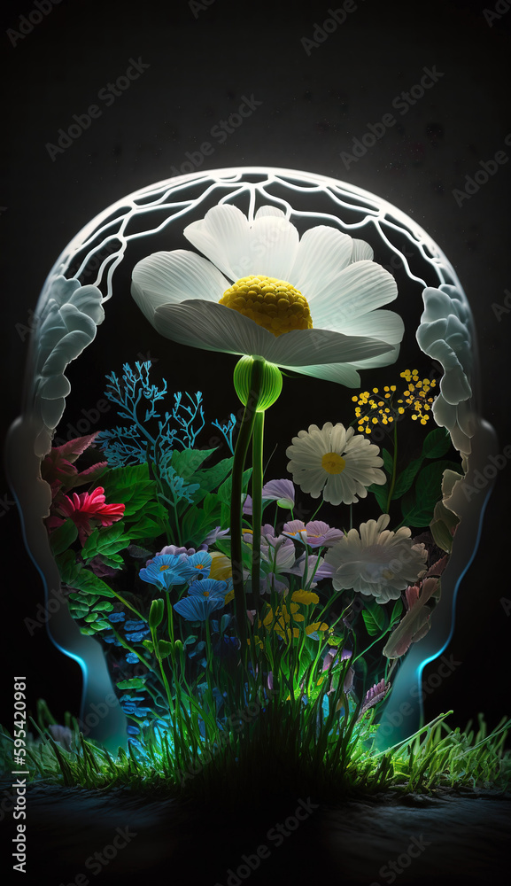 spring flowers growing out of a glowing human brain, symbolising mental ...