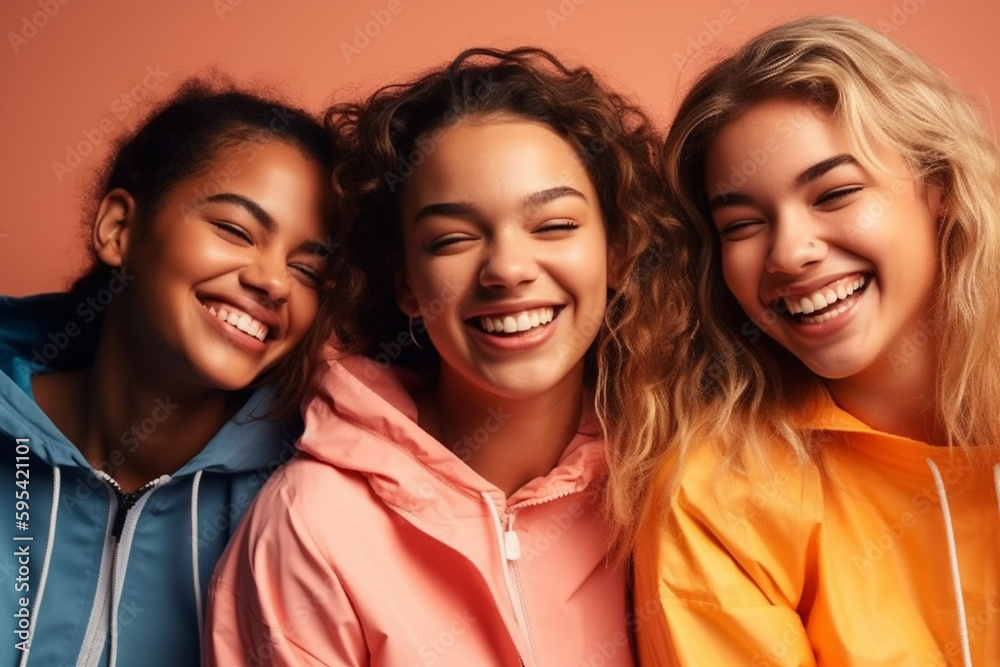 three female people laugh happily together, having fun together, joy ...