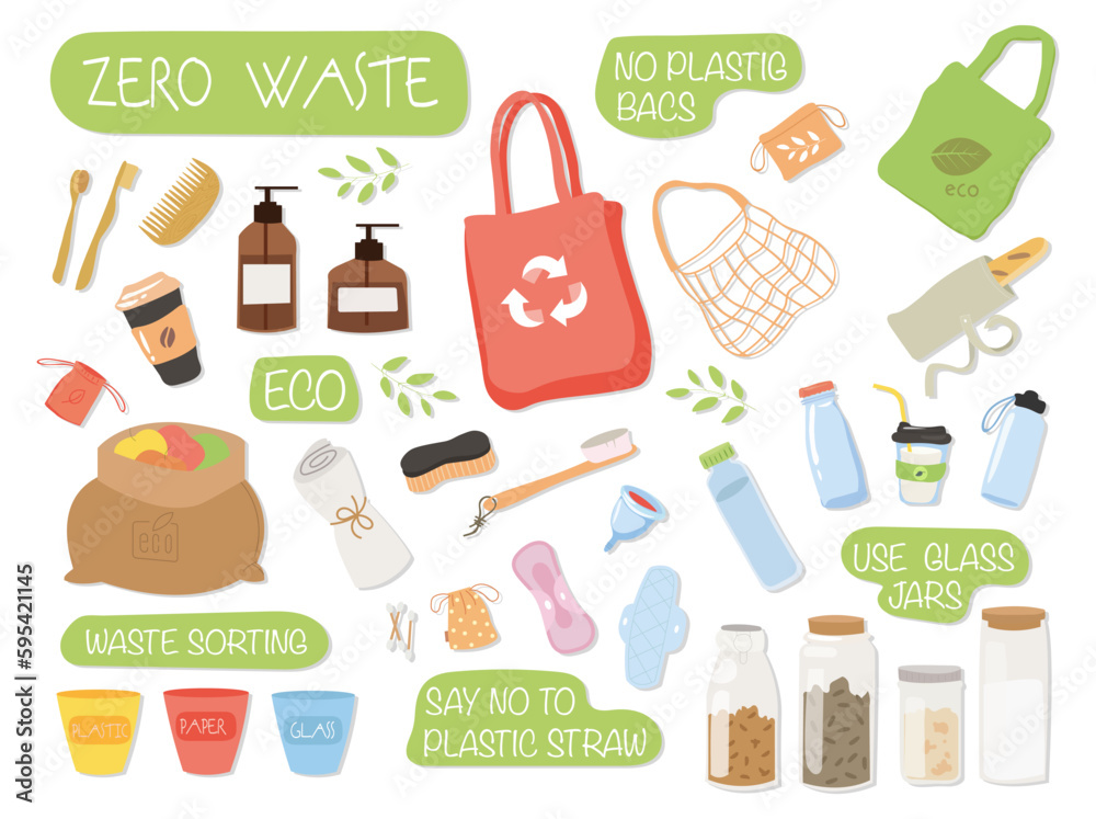 Zero waste collection. Set of packages and glasses, grids for products ...