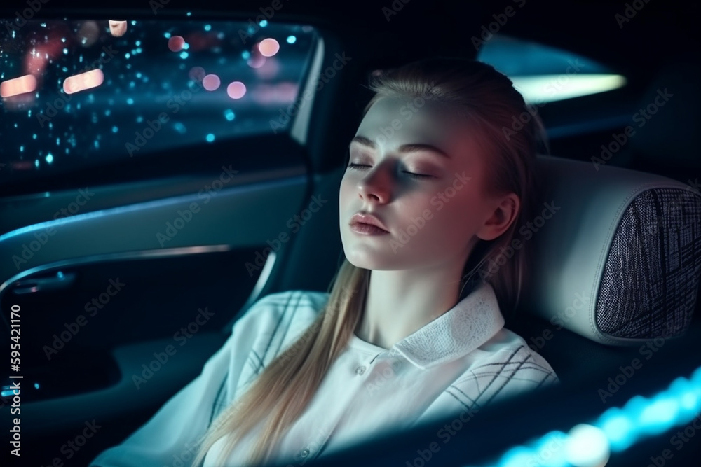 sleeping young adult woman in a modern fictional vehicle, car of the ...