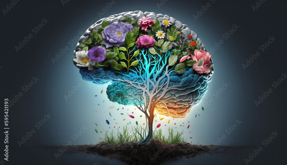 spring flowers growing out of a glowing human brain, symbolising mental ...