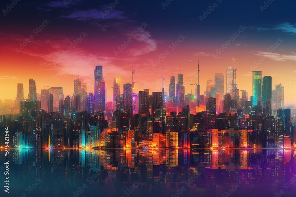 Colorful high-rise skyline, modern city plan background with digital ...