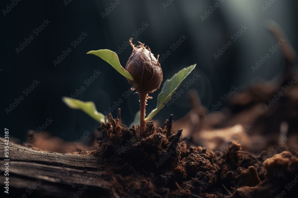 Hopeful concept of new beginnings as plant grows from dead tree ...