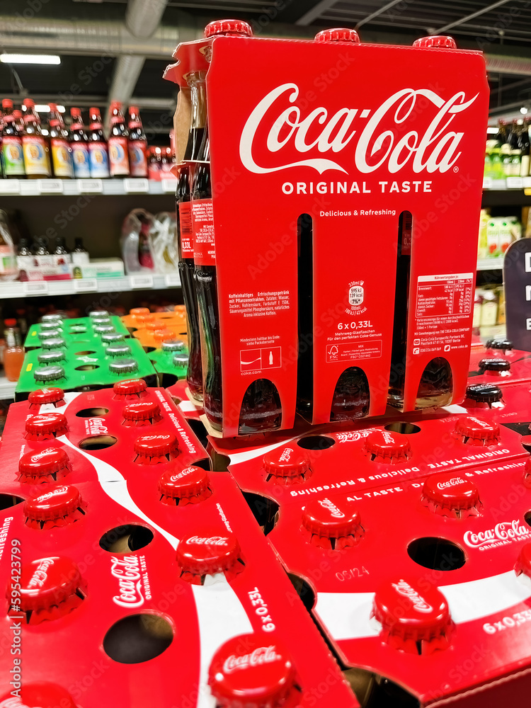 GERMANY - APR 22, 2023: Multiple bottles of Coca-Cola displayed in a ...