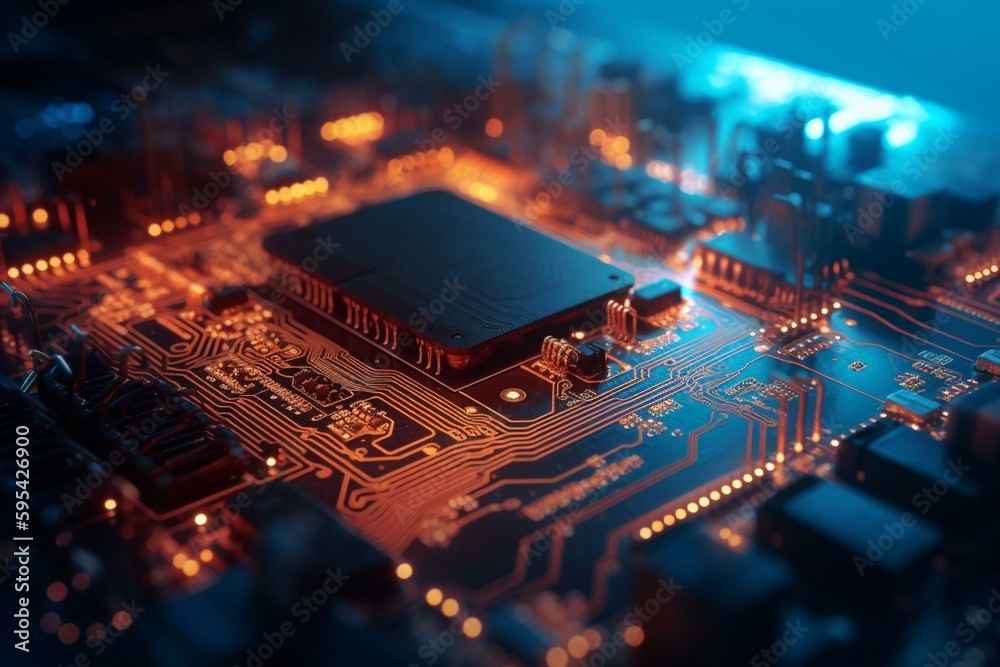 Circuit board and code on orange and blue technology background ...