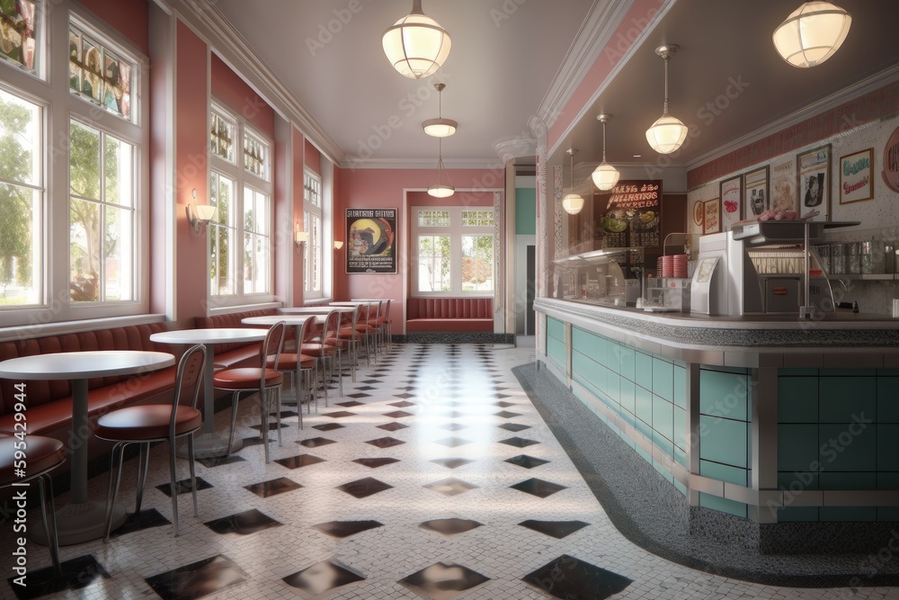 Retro ice cream shop interior. Old style ice cream parlor from the 60's ...
