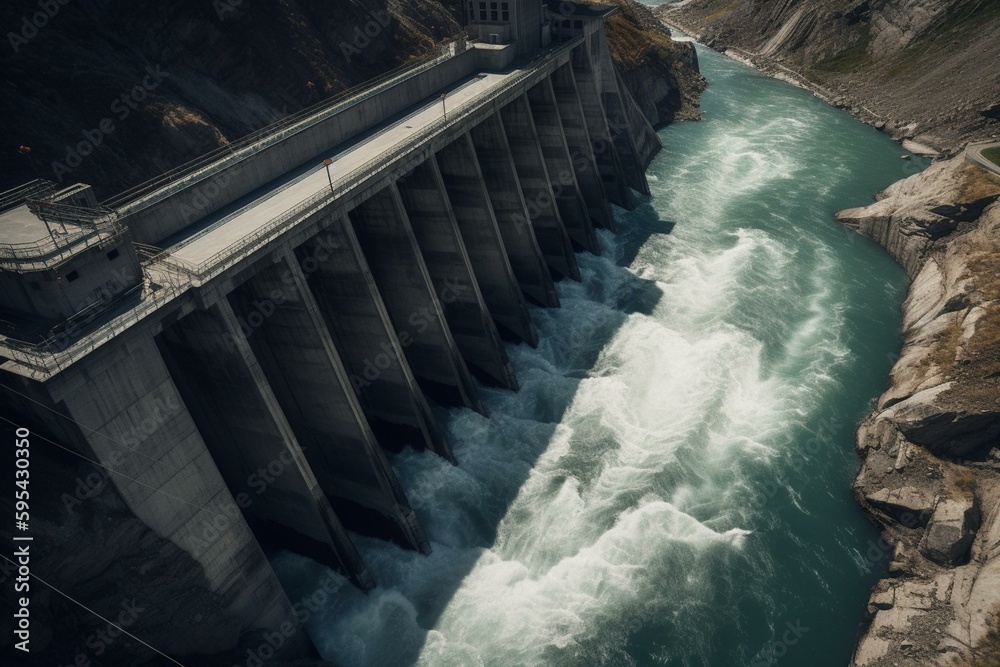 Aerial view of a hydroelectric dam over a reservoir, utilizing ...