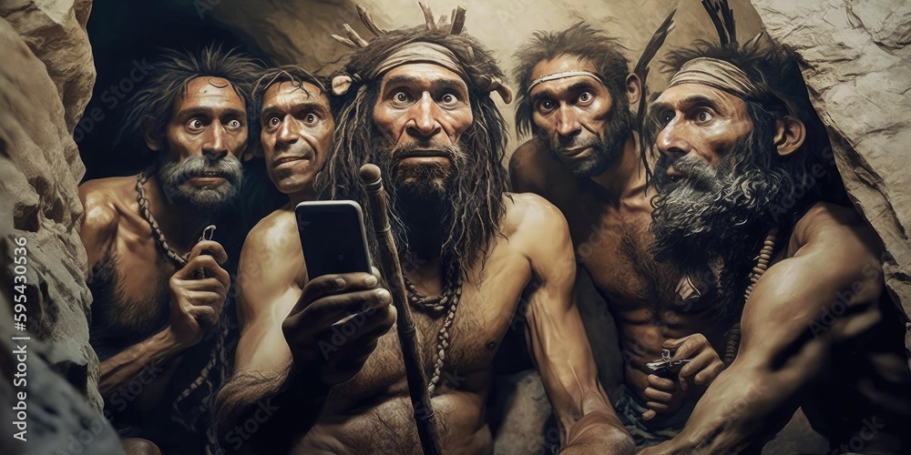 Group of prehistoric human or neanderthal taking selfie picture with ...