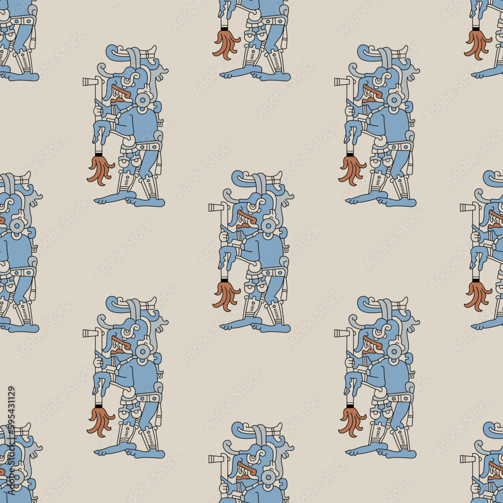 Seamless ethnic pattern with ancient Mayan rain god Chaac. Codex design ...