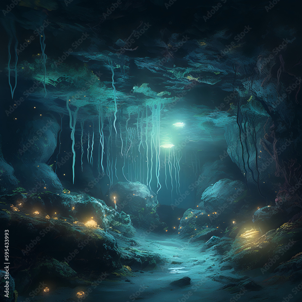 Deep Underwater Cave With Glowing Bioluminescent Creatures Rocks And