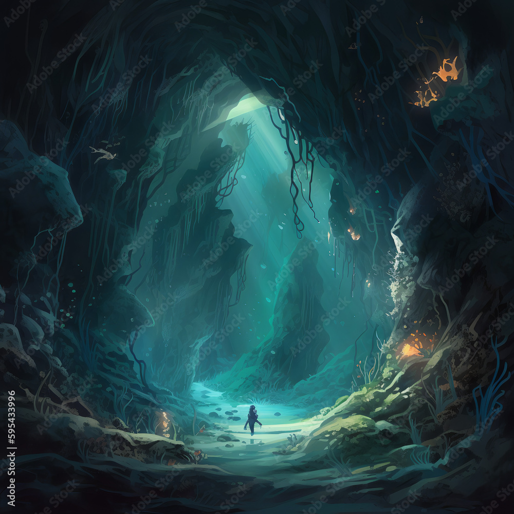 deep underwater cave with glowing bioluminescent creatures, rocks, and ...