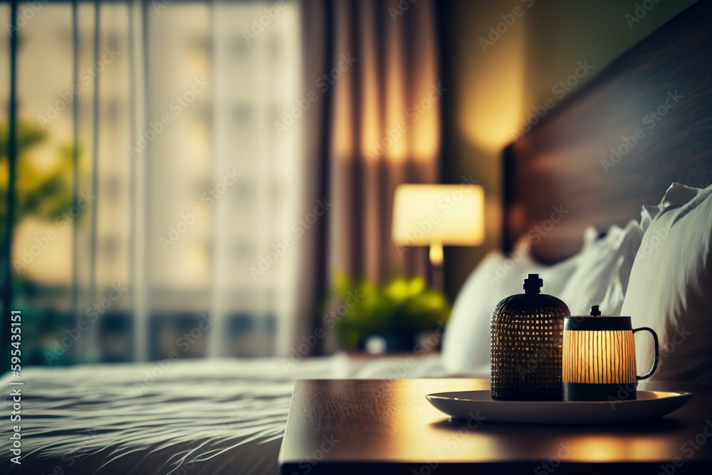 Table-top view of beside table or nightstand on blurred cozy night ...