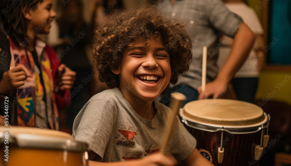 Smiling children playing percussion instruments in classroom generated ...