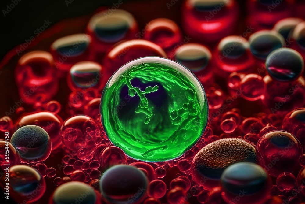 green parasite infecting the red blood cells, sickness illness in the ...