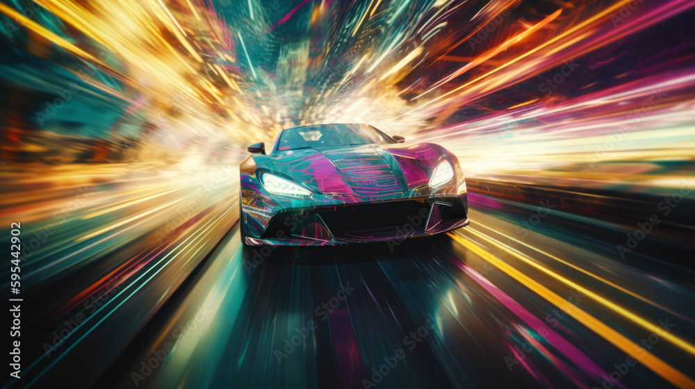 Sports Car On Neon Highway. Powerful acceleration of a supercar with ...