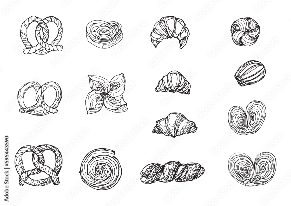 Collection of puff pastry hand drawing isolated on white background ...
