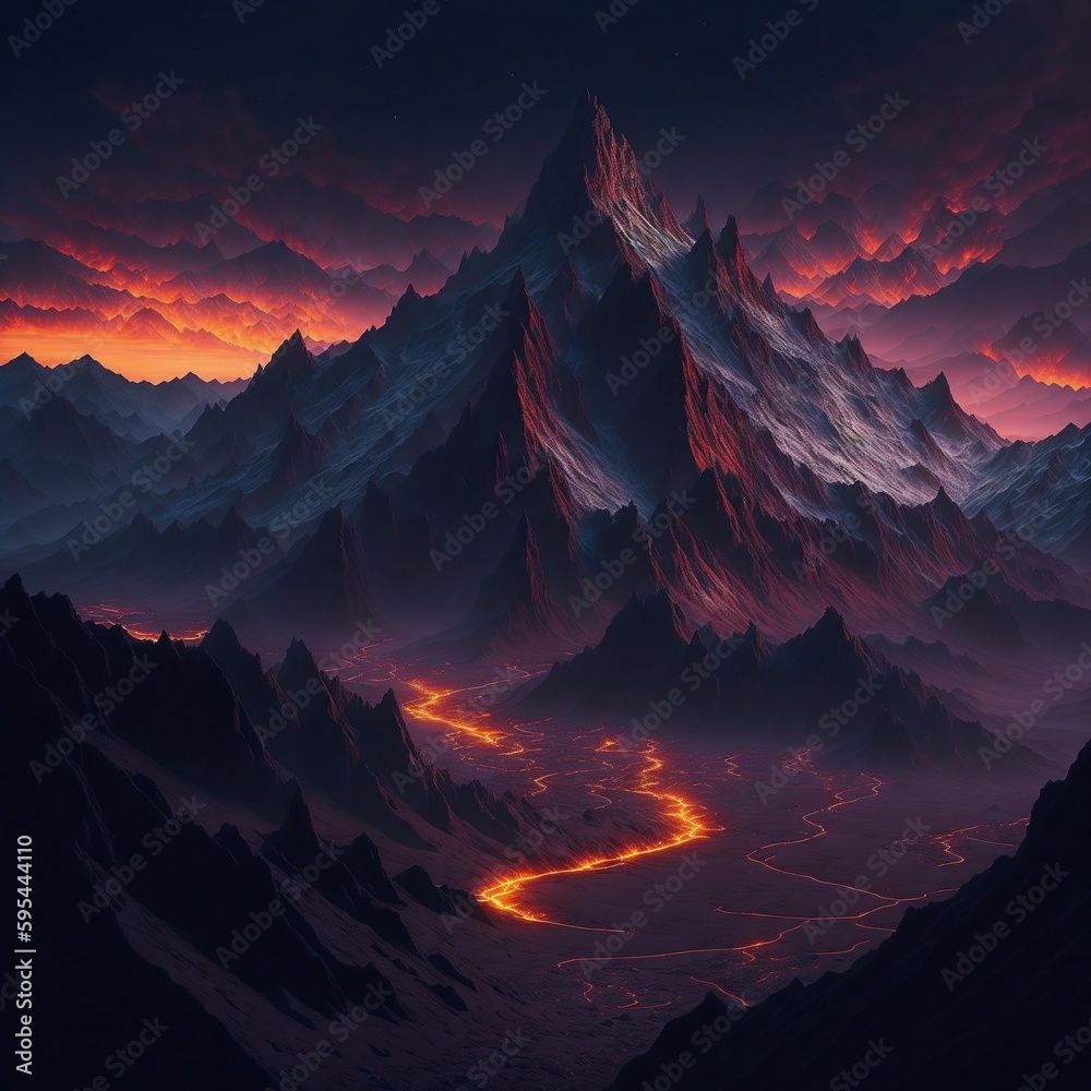 desecrated fantasy landscape with wide open land and a vast fiery ...