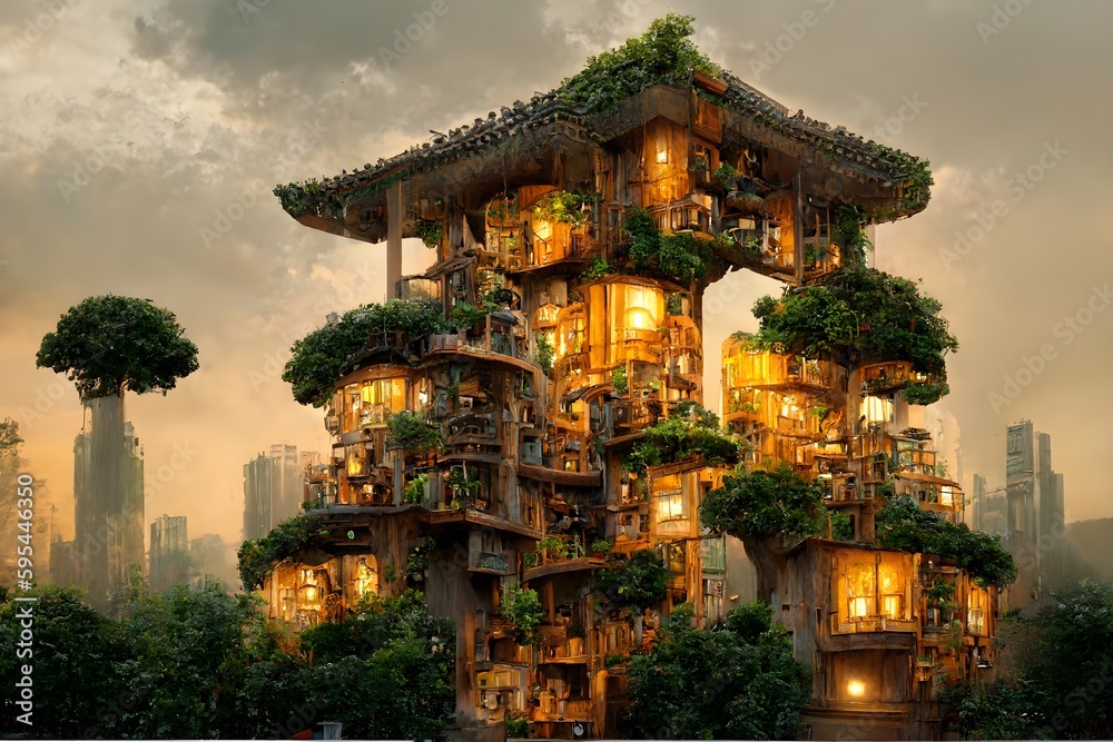 Densely populated treehouse city in ancient China no blur dramatic ...