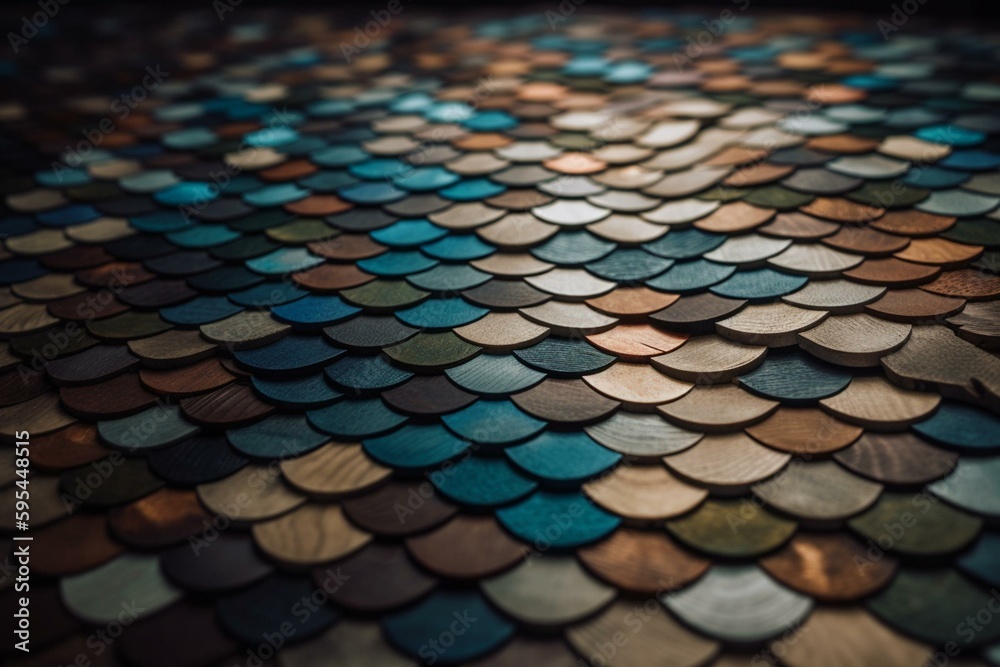 Fish scale mosaic tiles with a soft sheen and 3D timber blocks arranged ...
