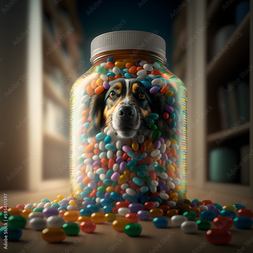 dog inside a plastic bottel of pills medicine volumetric light super ...