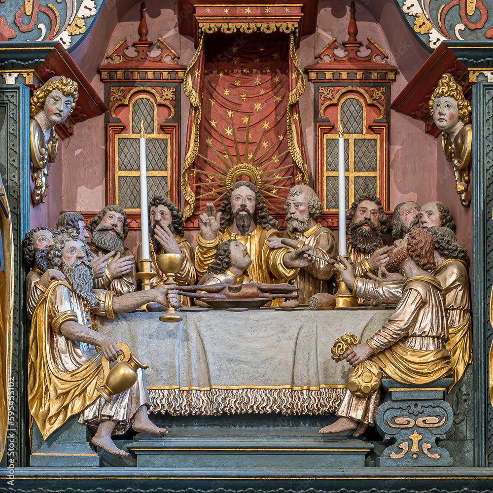 Jesus givs the bread to Judas Iscariot, a medieval reredos Stock Photo ...