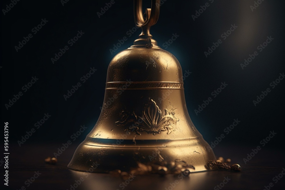 A 3D illustration of a golden metal bell with transparent background ...