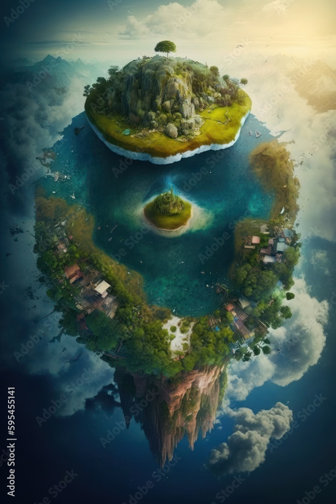 (2:3) Majestic colorful floating island in the sky with magical ...