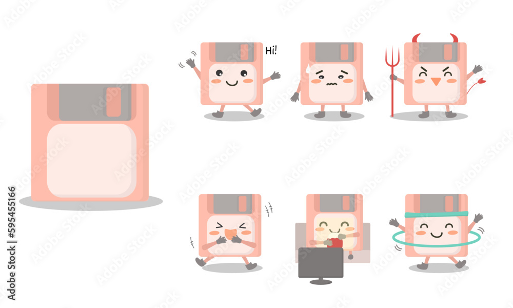 Floppy disk cartoon characters in various posing and emotional such as ...