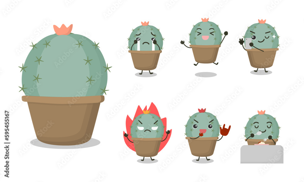 Cactus cartoon characters in various posing and emotional such as cry ...