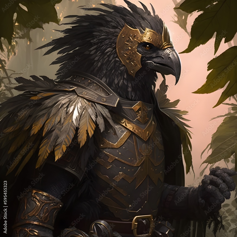 blackfeathered aarakocra paladin with bronze armor with sun designs on ...