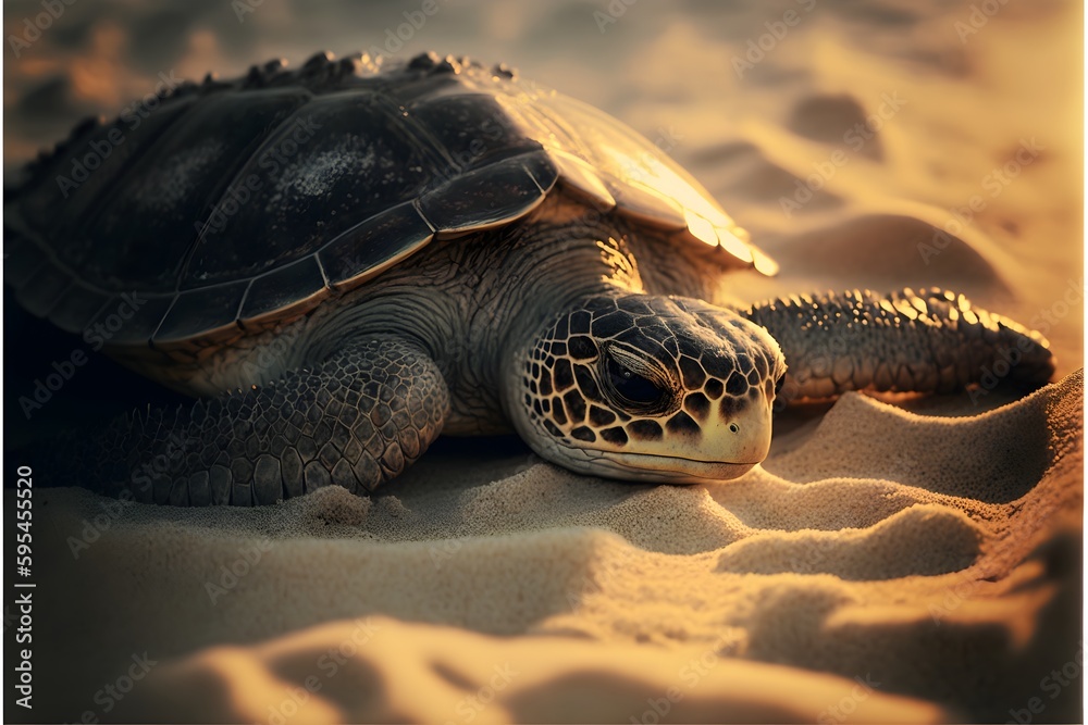 hyper realistic photograph portrait ofsea turtle resting on the beach ...