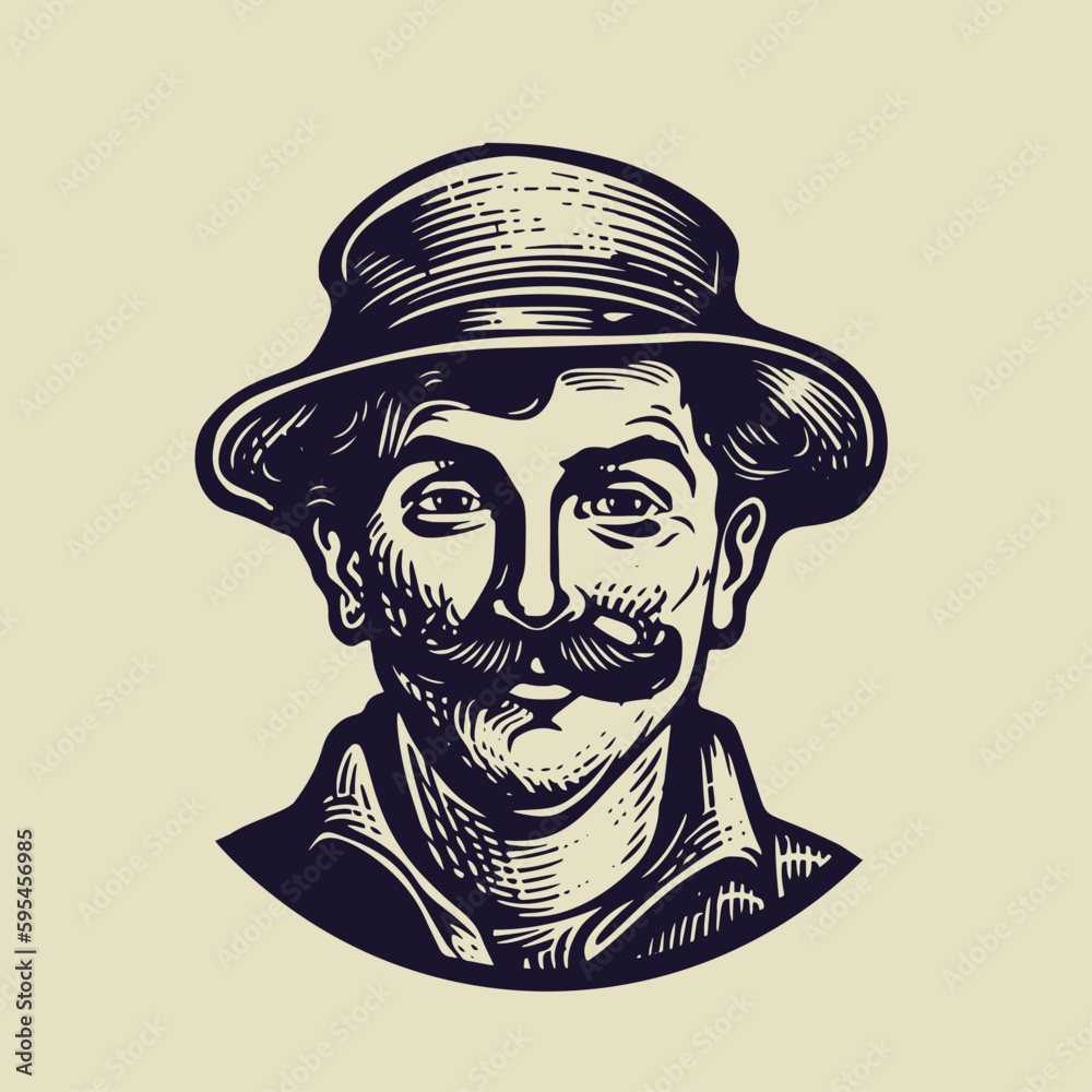 Man with mustache and hat. Hand drawn vintage engraving style woodcut ...