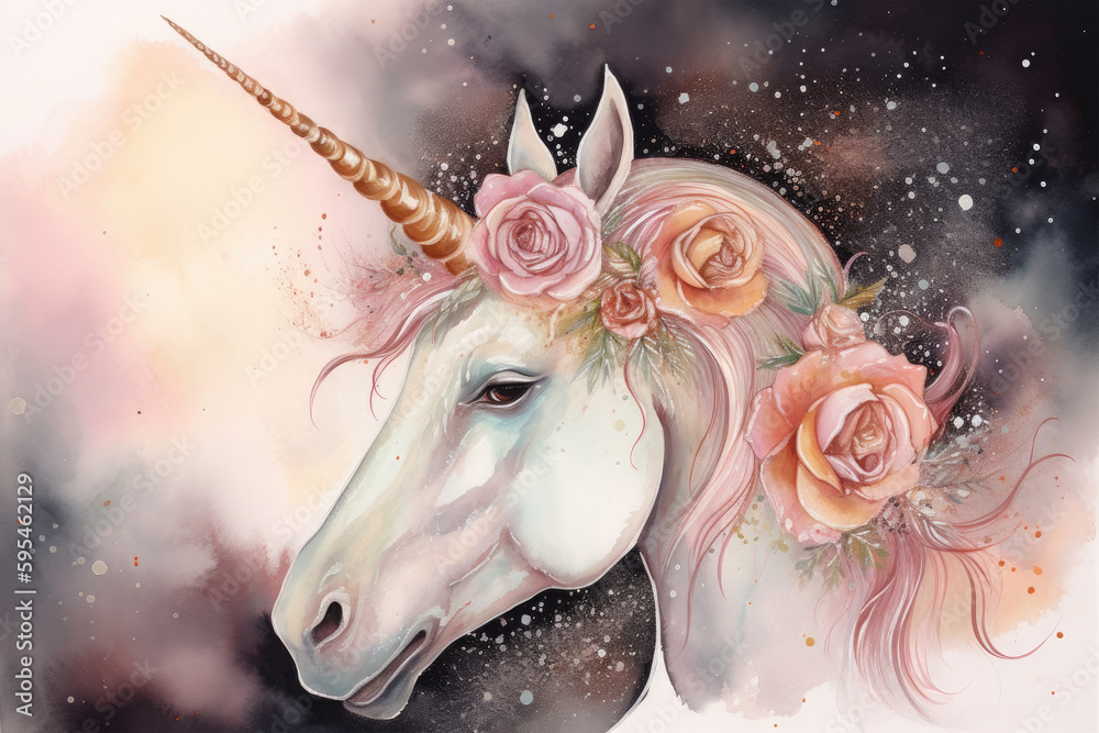Draw an ethereal watercolor painting of a unicorn with a rose gold horn ...