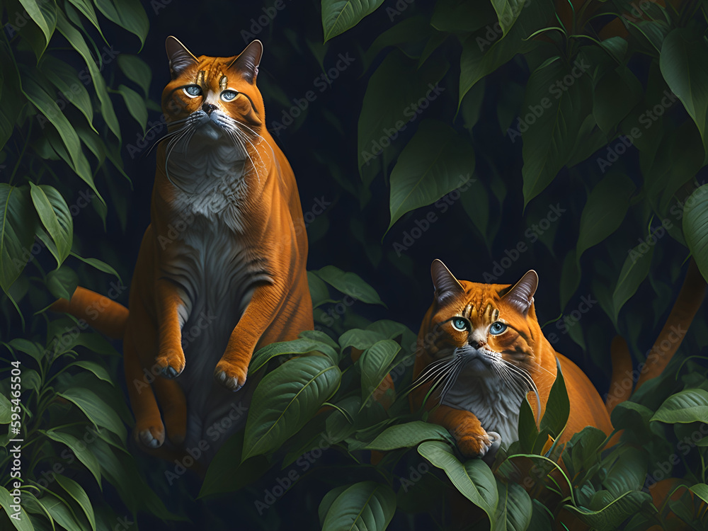 fat orange cat missing one back leg, in a vegetable garden, Ai ...