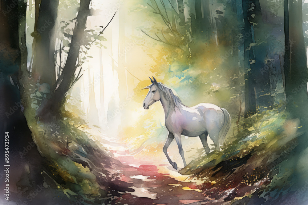 Illustrate a watercolor scene of a unicorn walking along a forest path ...