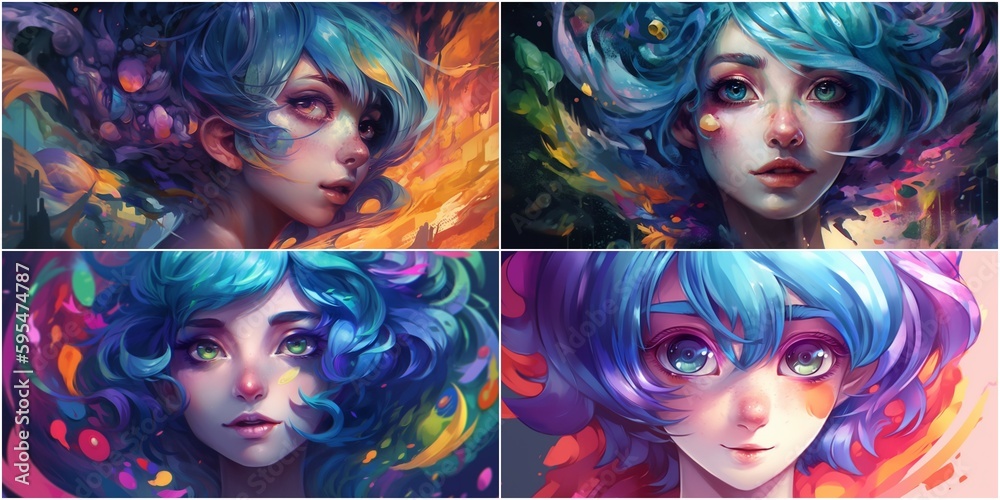 Surreal and vibrant work inspired by anime. Focus on the creepy but ...