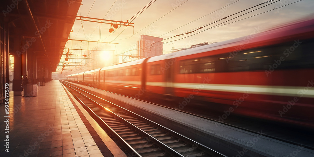 High speed train in motion on the railway station at sunset. Fast ...