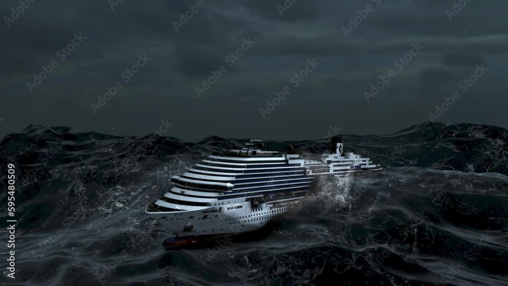 Large Luxury Cruise ship in stormy ocean sailing at night Drone view ...