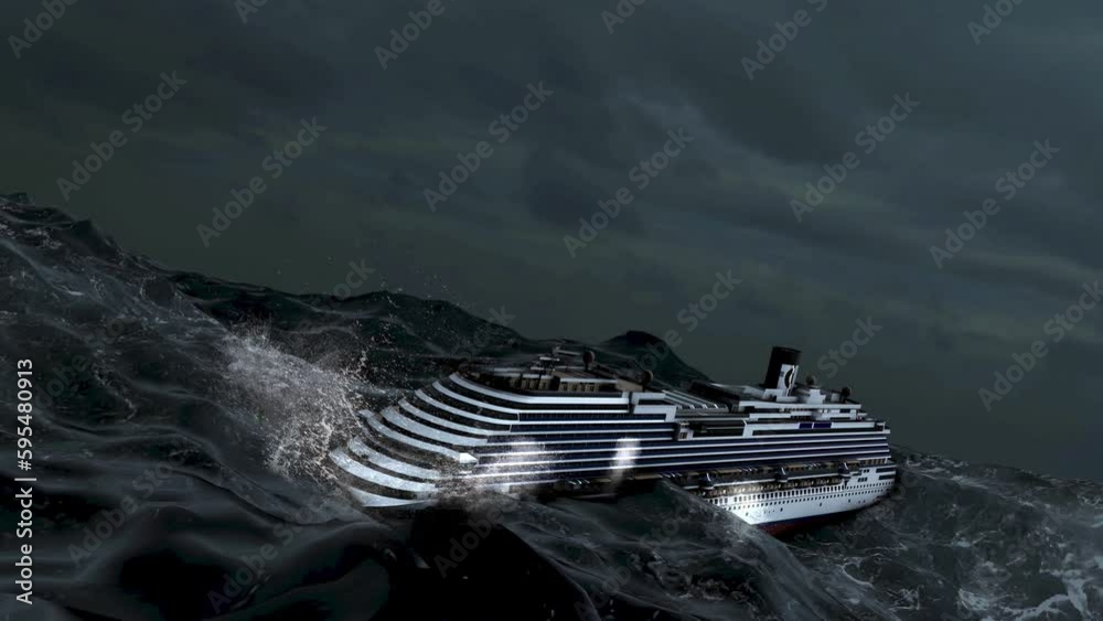 Large Luxury Cruise ship in stormy ocean sailing at night,4K Drone view ...