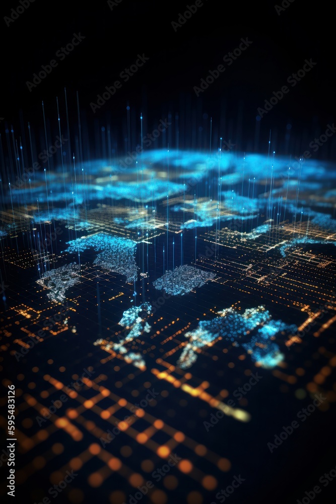 3D World Map with binary code, dots and lights representing the digital ...