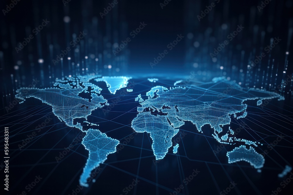 3D World Map with binary code, dots and lights representing the digital ...