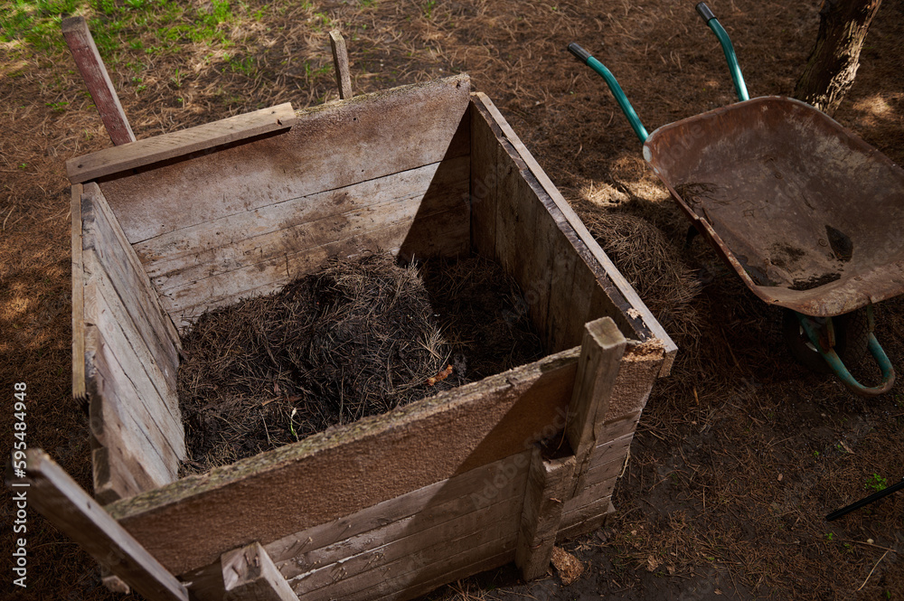 View from above to a compost heap. Compost pit on the plot of land ...
