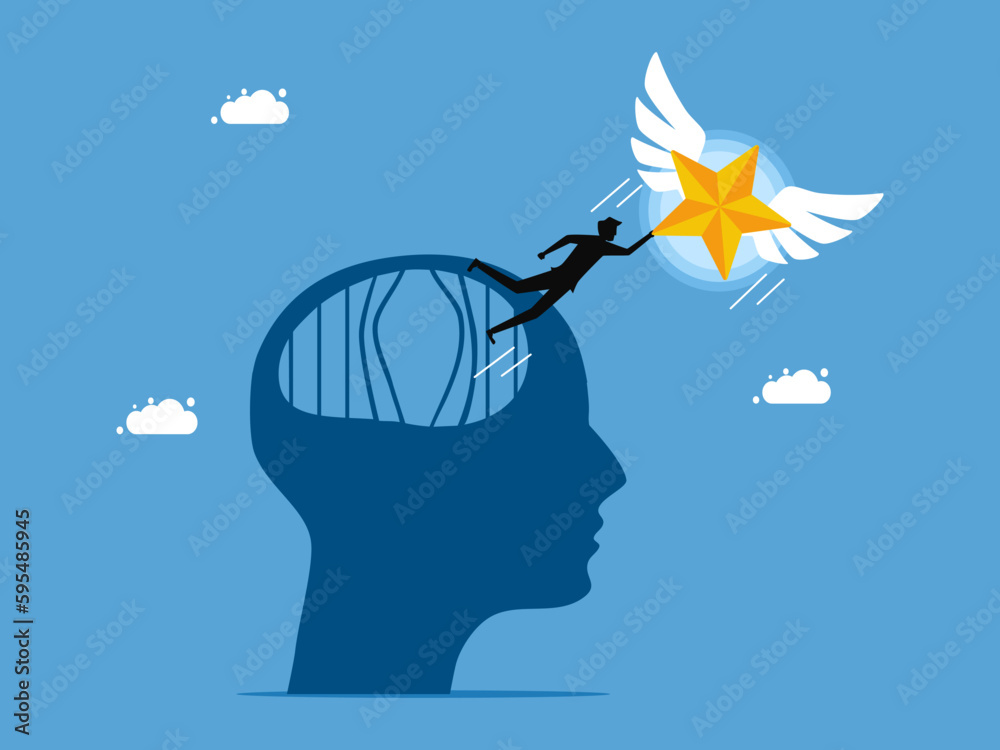 Freedom and success. man escapes from brain prison with star vector ...